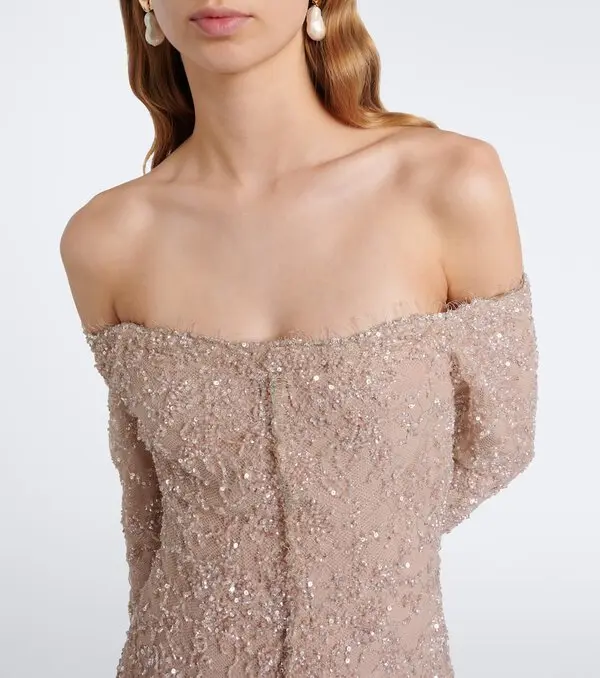 MARMAR HALIM Embellished Off-shoulder Lace Gown