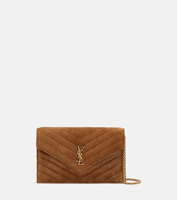 Saint Laurent Cassandre Mini Suede Wallet On Chain - Brown