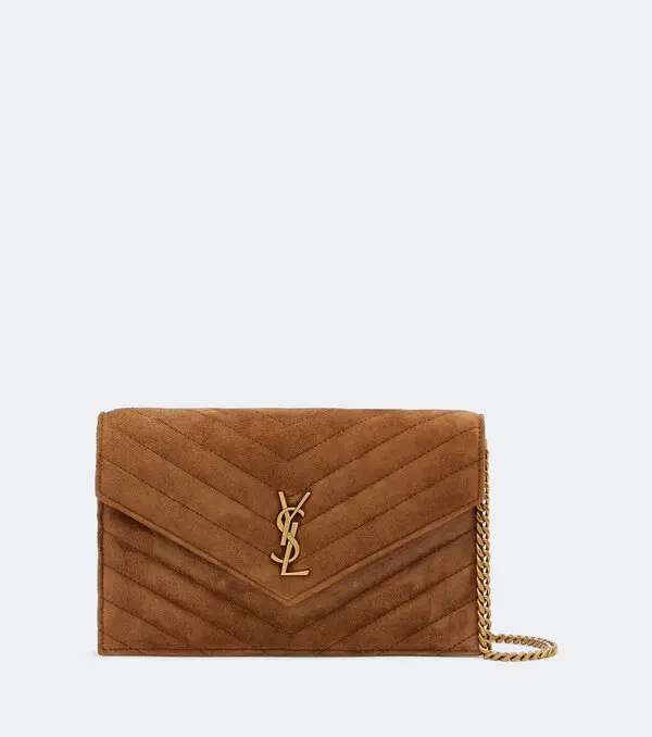 Saint Laurent Cassandre Mini Suede Wallet On Chain - Brown