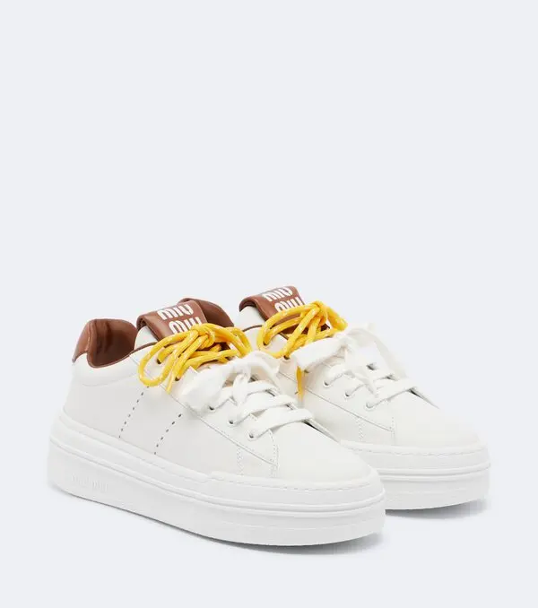 Miu Miu Leather Platform Lace-up Sneakers - White