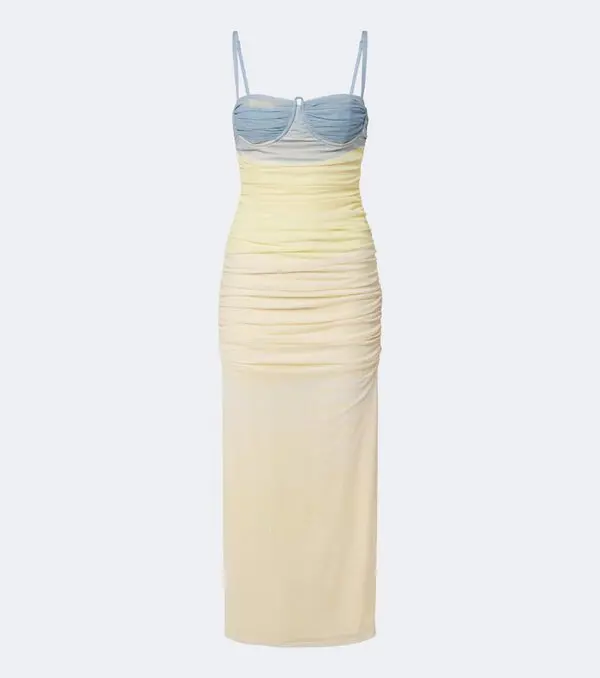 SIR. Printed Ruched Mesh Midi Dress