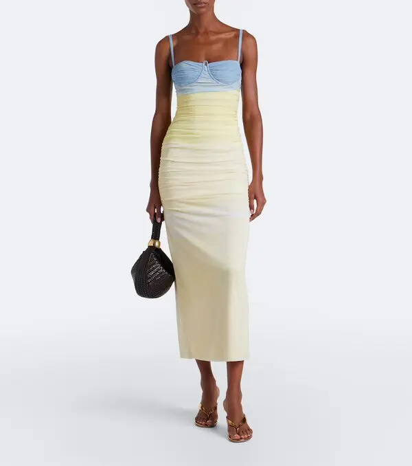 SIR. Printed Ruched Mesh Midi Dress