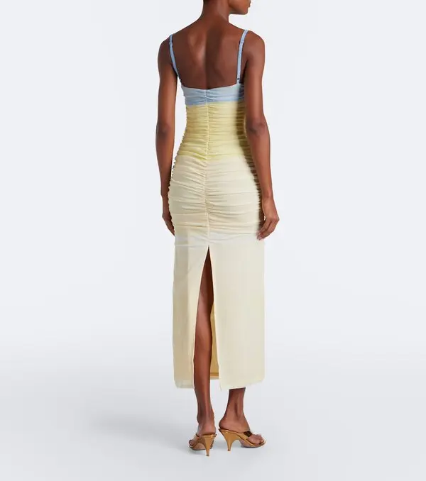 SIR. Printed Ruched Mesh Midi Dress