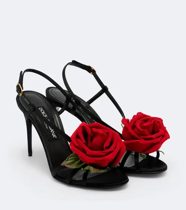 Dolce & Gabbana Floral Appliqué Satin Slingback Sandals - Black