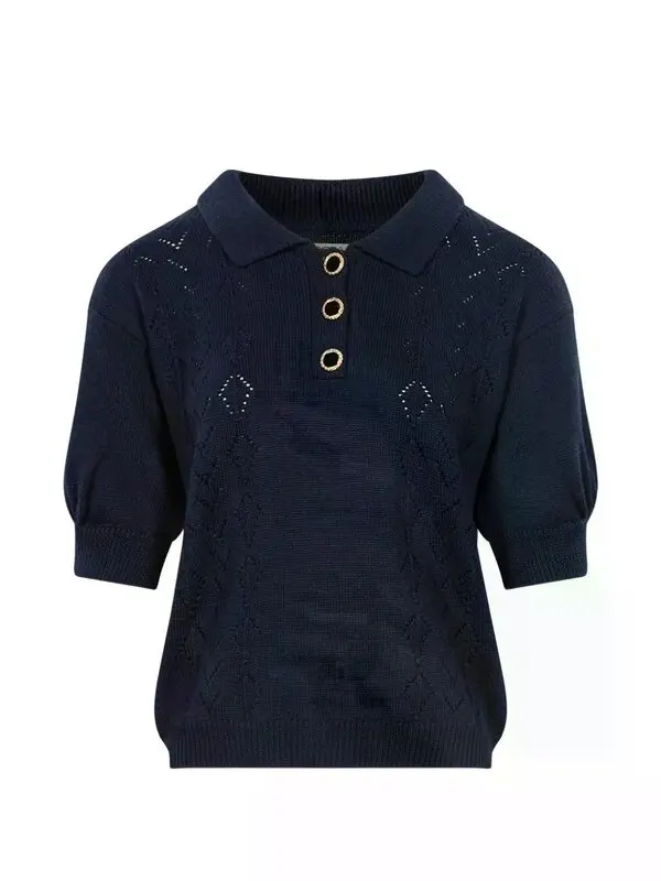 Alessandra Rich Pointelle Knit Puff Sleeve Polo Top