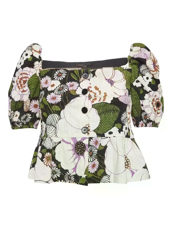 Maje Puff Sleeve Floral Blouse - Green