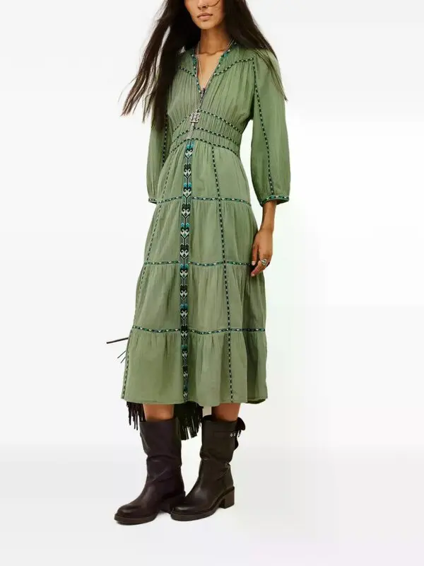 Ba&sh Pahina Embroidered Tiered Flared Midi Dress