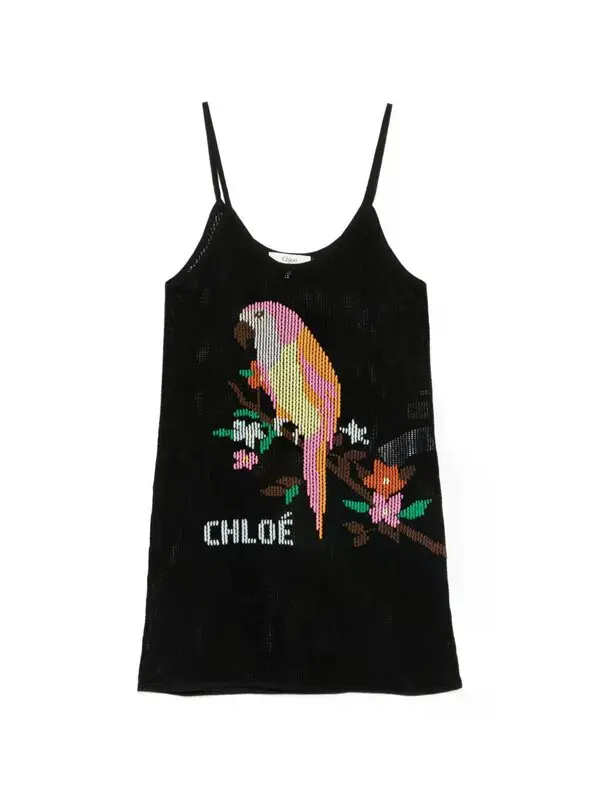 Chloé Embroidered Parrot Mesh-knit Mini Dress - Black