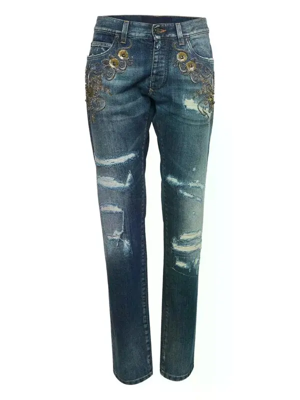 Dolce & Gabbana Floral-embroidered Distressed Jeans