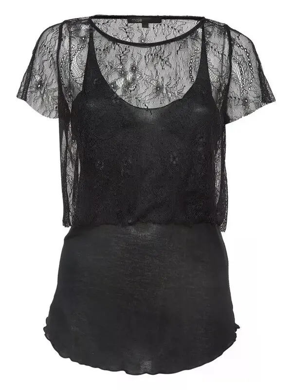 Maje Lace Overlay Short Sleeve Top