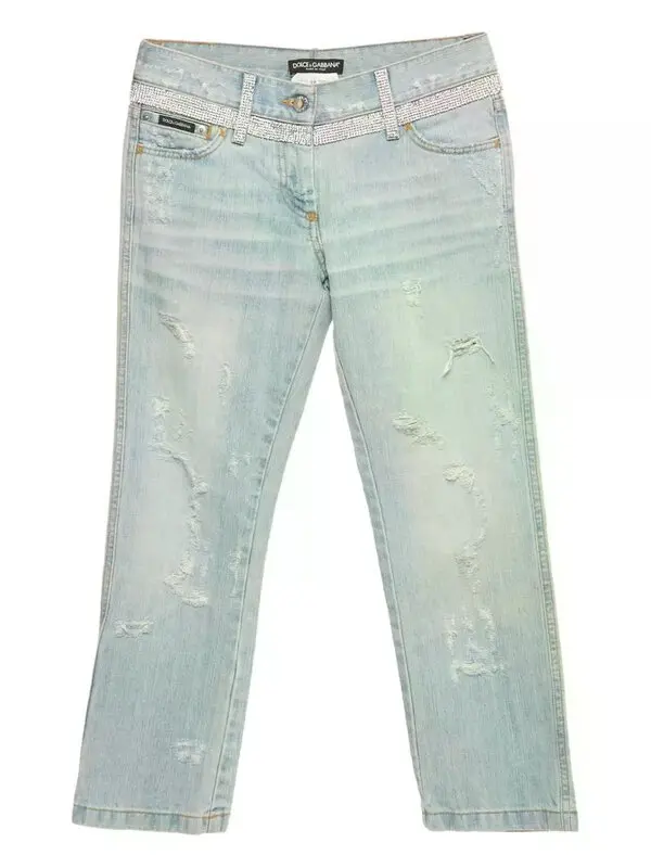 Dolce & Gabbana Cropped Distressed Rhinestone Detail Denim Jeans
