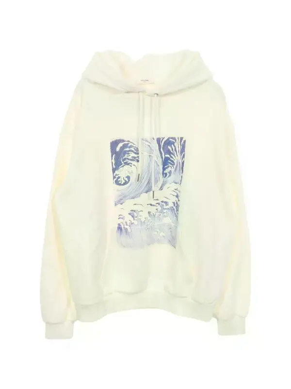 Celine Off-white Cotton Wave-print Hoodie - Neutrals