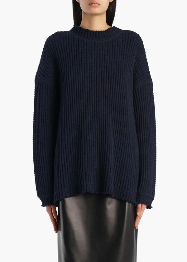 Khaite Dylan Waffle Knit Mock Neck Top - Dark Navy
