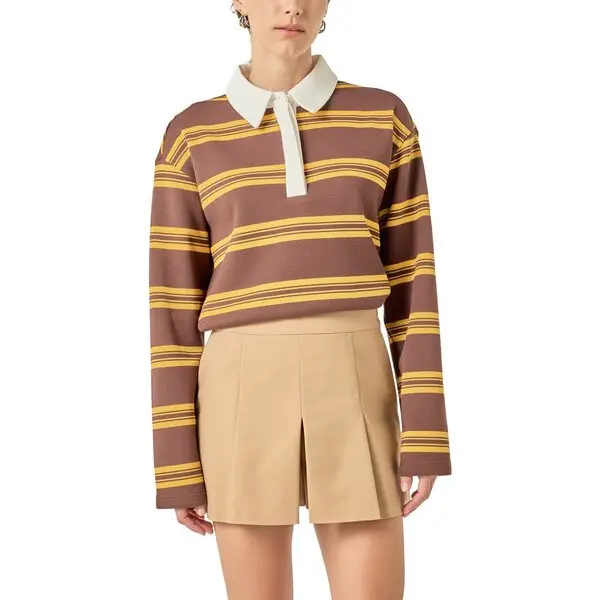English Factory Striped Long Sleeve Polo Shirt - Brown/yellow