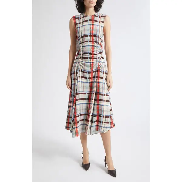 Stine Goya Gathered Midi Dress - Scarlet Grid
