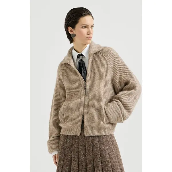 Brunello Cucinelli Sparkling Cashmere Ribbed Zip-up Cardigan
