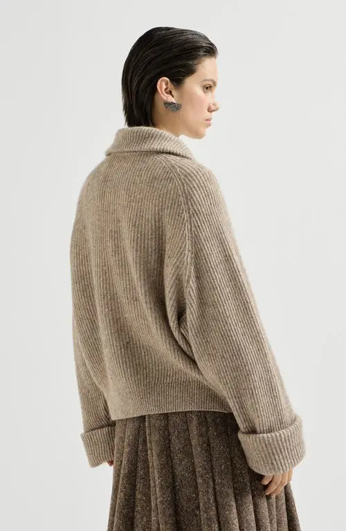 Brunello Cucinelli Sparkling Cashmere Ribbed Zip-up Cardigan
