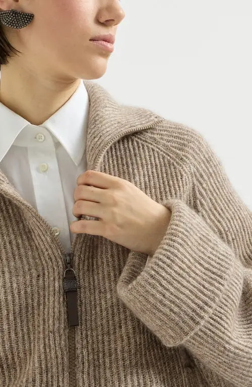 Brunello Cucinelli Sparkling Cashmere Ribbed Zip-up Cardigan