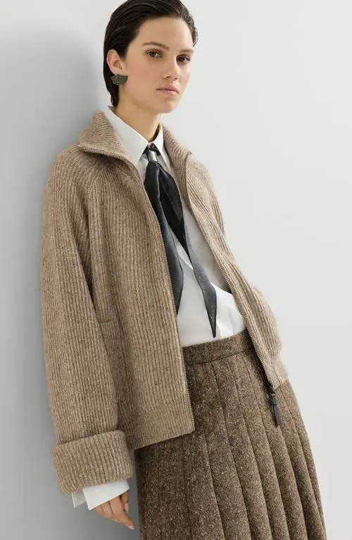 Brunello Cucinelli Sparkling Cashmere Ribbed Zip-up Cardigan
