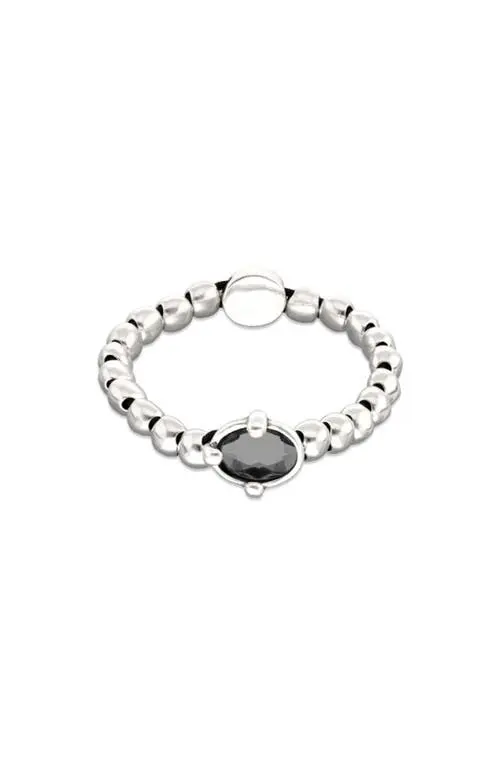 UNODE50 Sterling Plated Ball Elastic Bracelet With Black Faceted Crystal - Silver