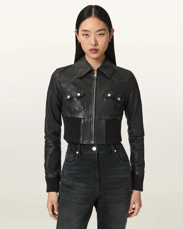 ALLSAINTS Lena Slim Fit Cropped Leather Jacket