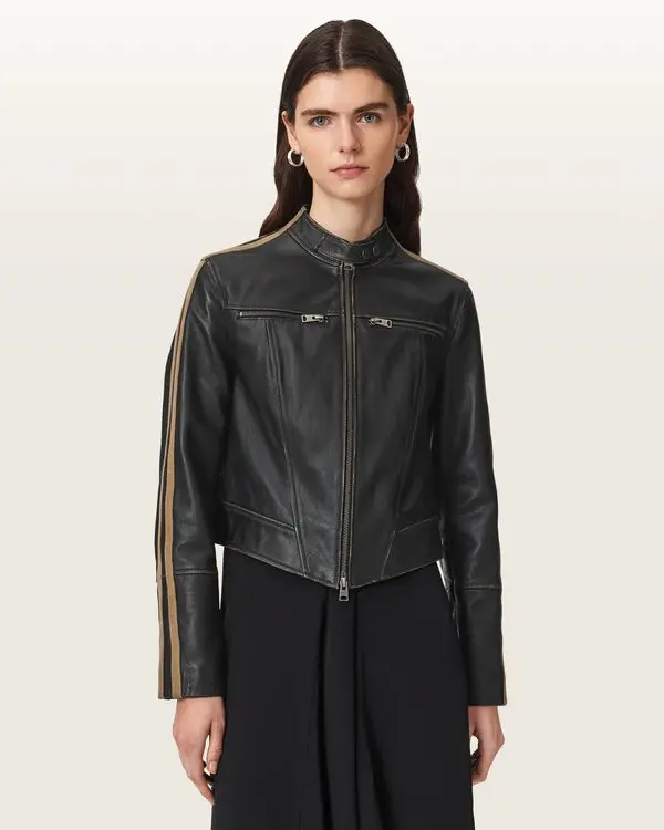 ALLSAINTS Tiggy Fitted Leather Jacket With Striped Sleeves