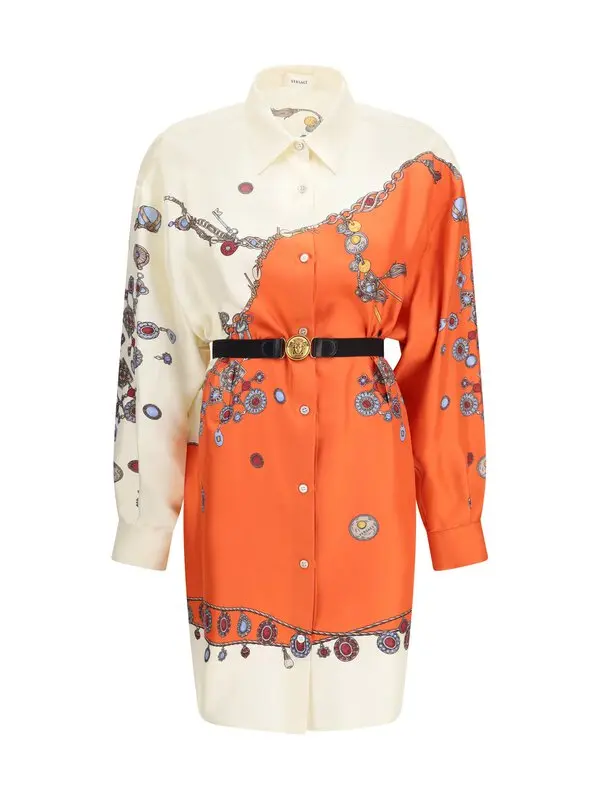 Versace Printed Silk Shirt Mini Dress - Orange
