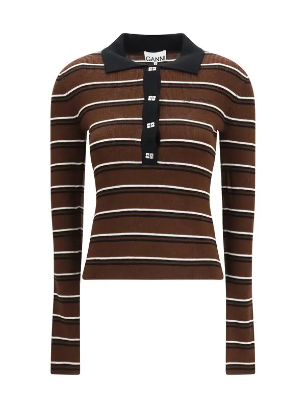 GANNI Striped Merino Polo Shirt - Brown
