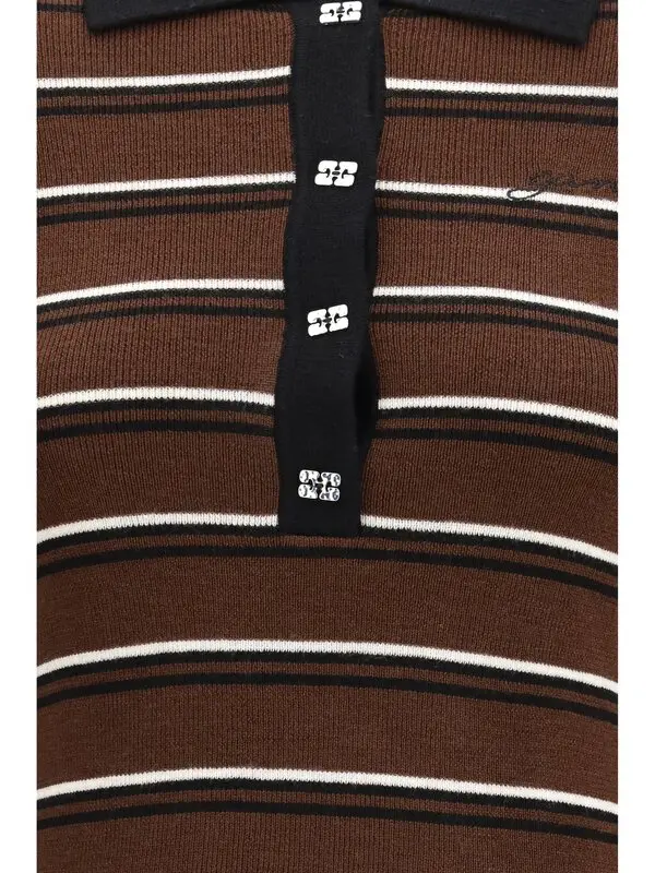 GANNI Striped Merino Polo Shirt - Brown
