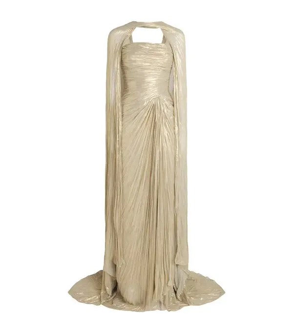 MARMAR HALIM Metallic Pleated Cape Gown