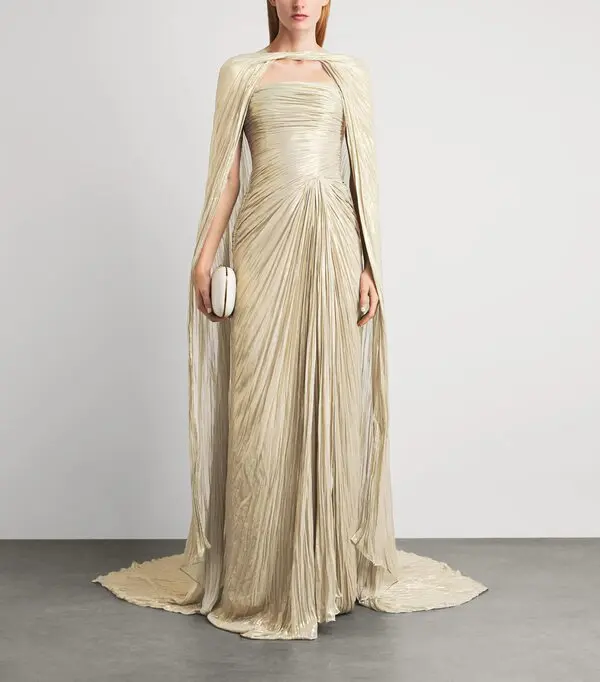 MARMAR HALIM Metallic Pleated Cape Gown