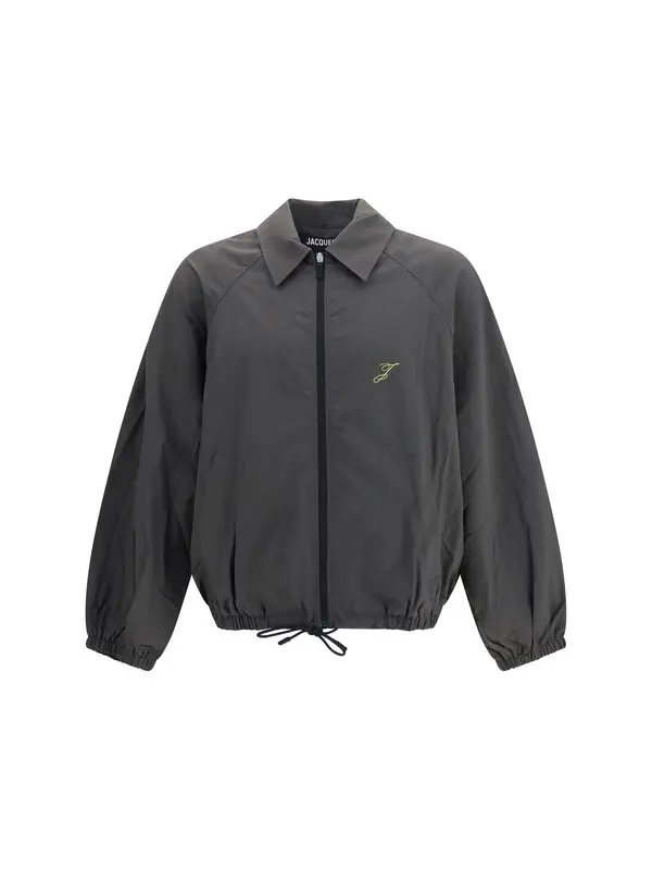 Jacquemus Embroidered Zip-up Jacket With Drawstring Hem - Gray