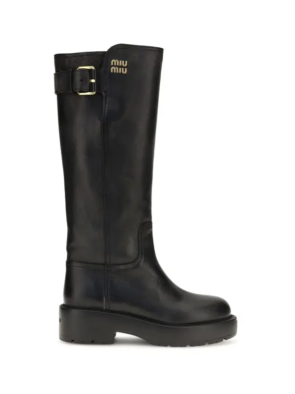 Miu Miu Leather Knee-high Boots With Buckle Detail - Black