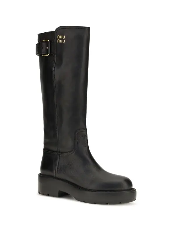 Miu Miu Leather Knee-high Boots With Buckle Detail - Black