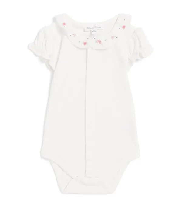 TARTINE ET CHOCOLAT Cotton Bodysuit With Floral Embroidery And Puff Sleeves