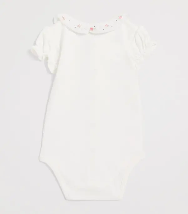 TARTINE ET CHOCOLAT Cotton Bodysuit With Floral Embroidery And Puff Sleeves