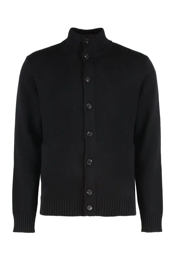 SLOWEAR Virgin Wool High-collar Cardigan With Front Buttons And Side Pockets