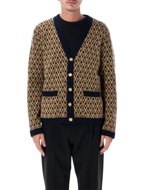 Valentino Garavani Toute The V" Jacquard Wool Cardigan With Gold-tone Buttons - Camel/blue