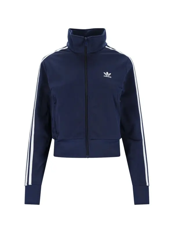 Adidas Cropped Track Jacket With Stand Collar And Signature Stripes - Blue