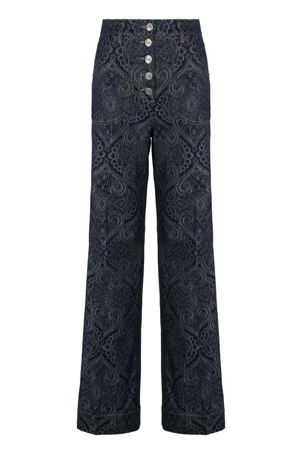 Etro Abstract Denim Jacquard Flare Jeans With Pegaso Button Closure