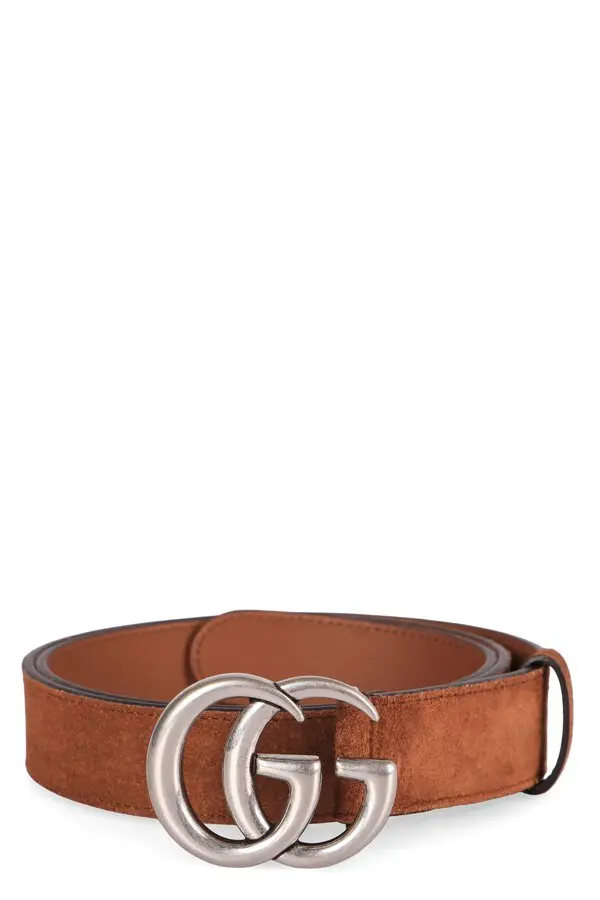 Gucci Suede Calfskin Belt With Metal Logo Buckle - Brown