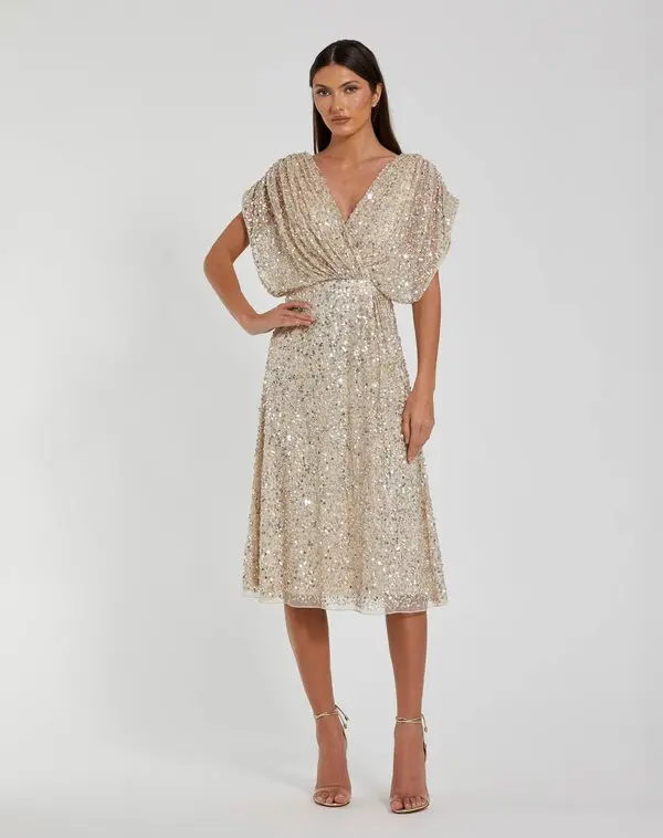 Mac Duggal Beige Sequin Draped Sleeve V-neck Midi Dress