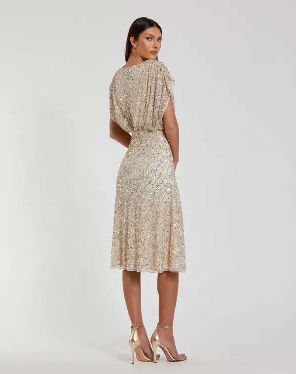 Mac Duggal Beige Sequin Draped Sleeve V-neck Midi Dress
