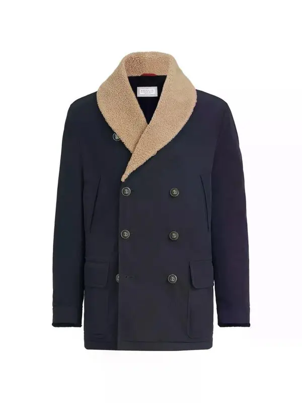 Brunello Cucinelli Double-breasted Bonded Nylon Coat With Shearling Lining - Blue