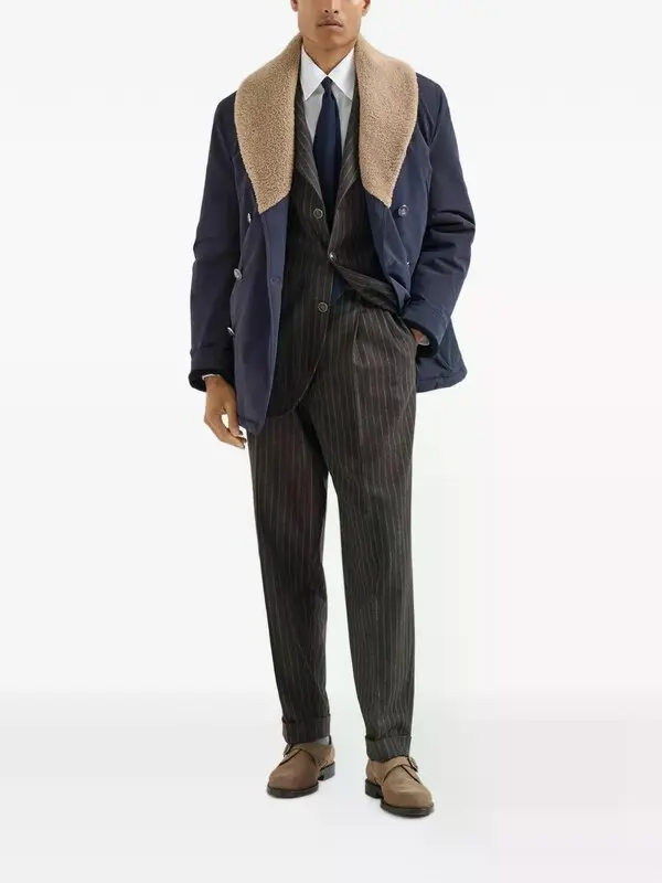 Brunello Cucinelli Double-breasted Bonded Nylon Coat With Shearling Lining - Blue