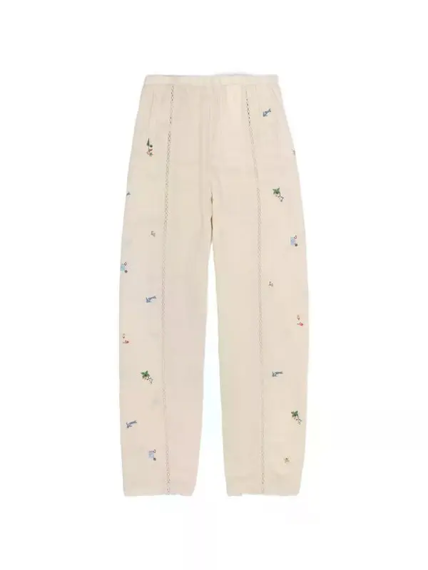 Bimba Y Lola Wide White Linen Trousers With Lace And Mini Embroidery - Neutrals