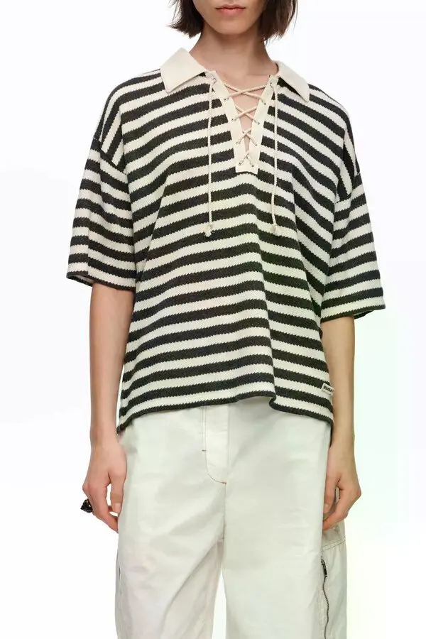 Bimba Y Lola Striped T-shirt With Adjustable Polo Shirt Collar