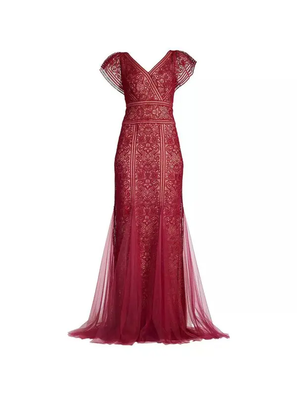Tadashi Shoji Taryn Trackwork Lace-overlay Maxi Gown