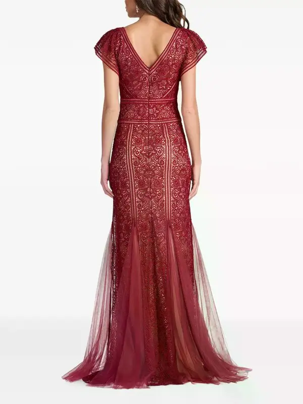 Tadashi Shoji Taryn Trackwork Lace-overlay Maxi Gown