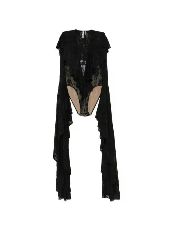 Norma Kamali Ruffled V-neck Lace Bodysuit - Black
